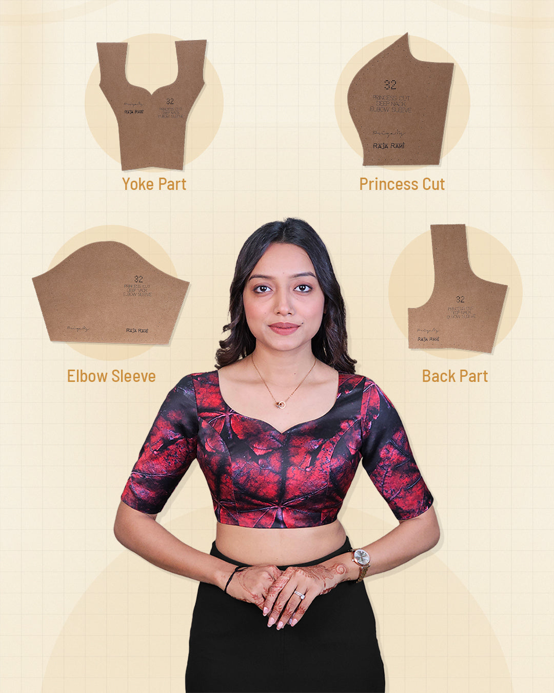Princess Cut Blouse Pattern Farma with Deep Neck & Elbow Sleeves – Raja ...